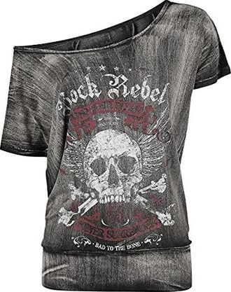 Rock Rebel by EMP Femme T-Shirt Gris foncé à Large Encolure et imprimé tête de Mort 3XL