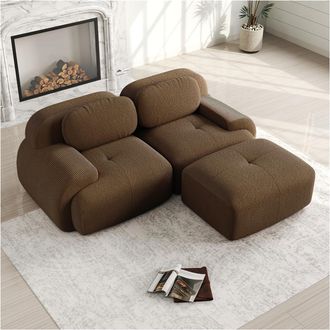 Generic Modulares Schlafsofa mit Ottomane, 3-Sitzer, modulares Cord-Sofa, ohne Montage, for Wohnzimmer, rahmenloses Sofa, mit gebogenen Armlehnen(Marrone,2S+1
