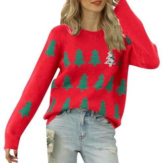 Generic Pull de Noël tricoté à manches longues et col rond avec imprimé joyeux, flocon de neige et sapin de Noël, pull dhiver doux et chaud pour femme pour la