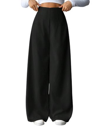 SOLY HUX Hosen Damen Elegant Palazzo Hose Hohe Taille Freizeithose Locker Anzughose Stoffhose Weite Bein B&uuml;ro Casualhose Herbst Outfit Schwarz L