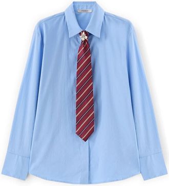 Motivi Femme, Blouses et Chemises, Bleu, Taille: 42 FR Chemise en popeline avec cravate