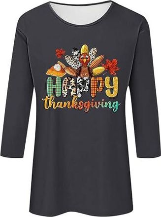 Generico T-shirt décontracté pour femme à col rond et manches 3/4 avec imprimé « Happy Thanksgiving » pour le printemps et lété, gris, XXL