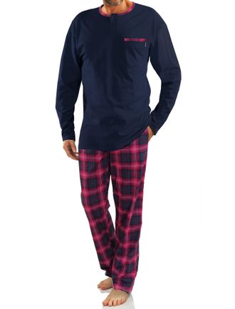 Sesto Senso Herren Schlafanzug Lang Baumwolle Pyjama Langarm Shirt mit Tasche Pyjamahose Zweiteilig Set Bunt Nachtw&auml;sche 4XL 2576/21 Purpur Rosa
