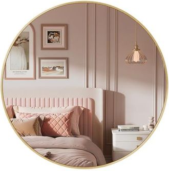 Songmics Miroir Rond, Miroir Mural, Diam&egrave;tre 61 cm, Cadre en M&eacute;tal, Facile &agrave; Installer, pour Salle de Bain, Salon, Chambre, Entr&eacute;e, Couloir, Dor&eacute; LWM102A01