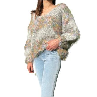 Les Tricots dO V-Ausschnitt Alpaka Pullover mit Ballon&auml;rmeln - - Knitwear - Damen - Grau - ONE SIZE