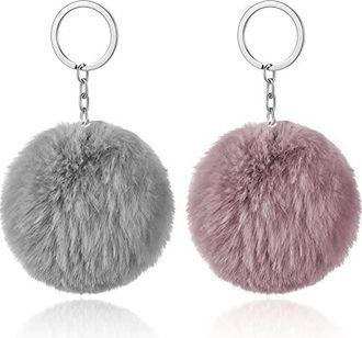 Hicarer 2 Pièces Porte-Clés de Pompons Porte-Clés de Faux Pompons Moelleux Ornement de Porte-Clés Doux en Peluche Accessoire de Pendentif pour Filles Femmes (