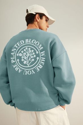 Trendyol MAN Herren Gr&uuml;n Gebl&uuml;mt Lang Oversize Sweatshirts
