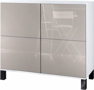 Vladon Kommode Rova V3, Moderner Küchenschrank mit 4 Push-to-Open Türen Weiß matt/Sandgrau Hochglanz (92,5 x 84.5 x 35)