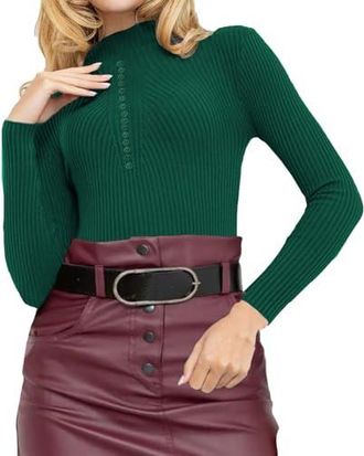 Generic Pull en tricot pour femme, pull à manches longues et col montant, décontracté, coupe ajustée, avec bouton décoratif, côtelé, classique, automne et hiv