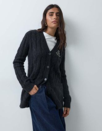 Ralph Lauren Cardigan aus Zopfstrick mit Brustemblem in Schwarz