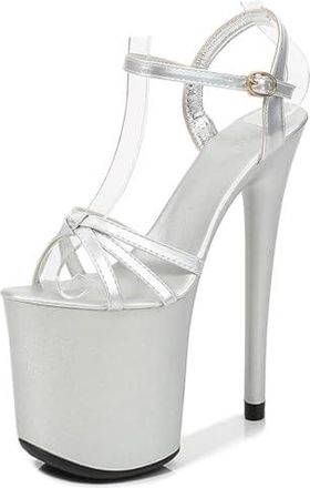 Generic Argent,35 EU,Escarpins à Talons Aiguilles de 20 cm/7,8 Pouces pour Femmes, Bout Ouvert, Bride à la Cheville, Boucle, Plateforme, Sandales à Talons, Ch
