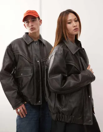 Collusion Unisex - Bomberjacke in Lederoptik-Braun