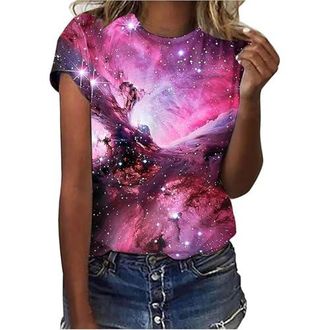 Generic Galaxy T-shirt femme imprim&eacute; galaxie T-shirts &agrave; paillettes Chemisier tendance Ciel &eacute;toil&eacute; T-shirt col rond manches courtes Hauts pour costumes de carn