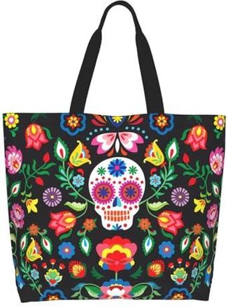 Generic Cr&acirc;ne Mexicain Et Fleur Ethnique Sac Cabas R&eacute;utilisable Sacs De Courses Pliable Sac A Main Femmes Pour Gym Quotidienne Voyage