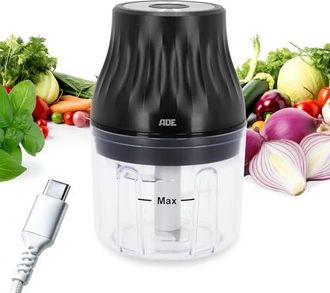 ADE Mini hachoir &eacute;lectrique sur batterie | robot cuisine sans fil | mixer avec cable USB | mixeur hachoir pour l&eacute;gumes, fruits, viande, herbes | id&eacute;al pou