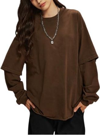 Generic T-shirt surdimensionné rétro à manches longues pour femme 2025 T-shirt basique à col rond pour lautomne Vêtements dentraînement décontractés Y2K, marr