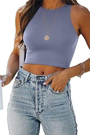 ORANDESIGNE Femme Débardeur Crop Top Dos Nageur Caraco Chic et Elegant sans Manche Col Rond Haut Court Tank Top Camisole Décontracté Moulante Cropped Tshirt B Ble