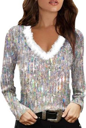 Generic Haut fin à paillettes grande taille pour femme - T-shirt ample à col en V - Pull et pulls à col en V - Hauts de soirée - Pull Nicetops - Grande taille