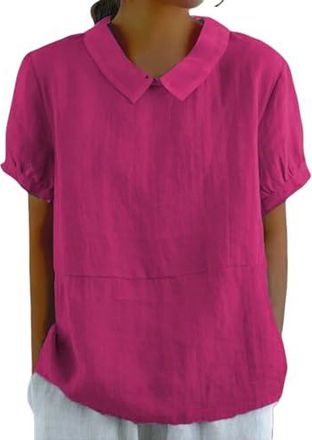 Generic Hauts d&eacute;t&eacute; pour femmes, chemises d&eacute;t&eacute; 2025 en coton et lin, jolies chemises d&eacute;t&eacute; &agrave; manches courtes, tunique d&eacute;contract&eacute;e &agrave; col, rose fonc&eacute;, XXL