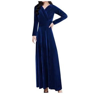 Generic Robe Vintage Femme Manches Longues- Robe Longue Col en V Velours Chic Et &Eacute;l&eacute;gants Sexy Taille Haute D&eacute;contract&eacute; Doux Temp&eacute;rament Coupe Slim Chaud Auto