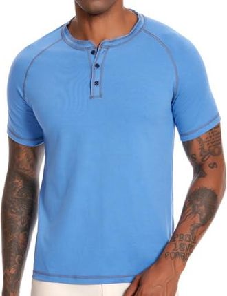 Nutria Henley U16A T-shirt en coton pour homme T-shirt à manches courtes décontracté T-shirt dété léger Coupe ajustée avec bouton, bleu, XL