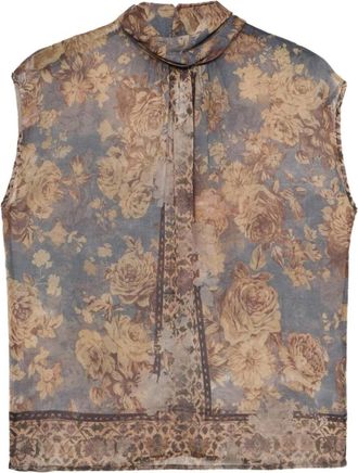 Oltre Femme, Blouses et Chemises, Beige, Taille: 40 FR Blouse sans Manches &agrave; Motifs