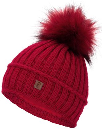 Faera Winterm&uuml;tze Damen M&uuml;tze gef&uuml;ttert mit Kunstfell Bommelm&uuml;tze M&auml;dchen Fleecefutter Winter Strickm&uuml;tze Beanie Herren 34, Farbe:Rot