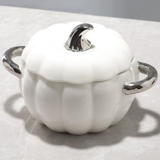 Generic Kochtopf, Keramiksch&uuml;ssel mit Deckel, 2 l, Keramik-Suppenterrine, s&uuml;&szlig;e Sch&uuml;ssel mit Griff, Dekor-Geschirr f&uuml;r Thanksgiving, Halloween-Party, wei&szlig;