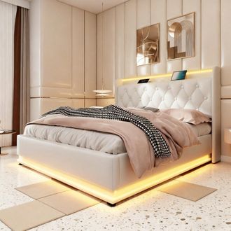 Generic Smartes Premium-Bett mit 360&deg; LED-Beleuchtung - 140x200 cm in Wei&szlig; mit Hydraulik, USB-C & App-Steuerung - Individuell anpassbar, inkl. Matratze