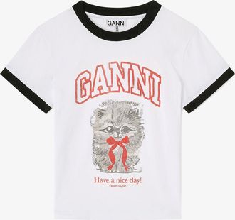 Ganni wei&szlig; Wei&szlig;es, kurz geschnittenes T-Shirt mit K&auml;tzchenprint Bio-Baumwolle - Gr&ouml;&szlig;e XXS