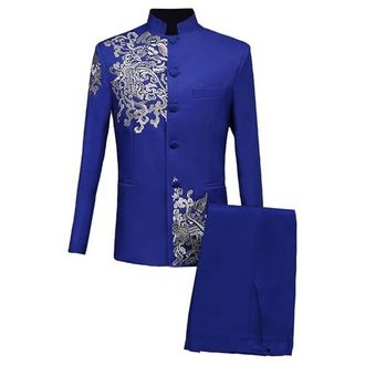 Generic Ensemble 2 pi&egrave;ces tunique chinoise brod&eacute;e &agrave; simple boutonnage col mandarin blazer coupe ajust&eacute;e pour homme, bleu, XL