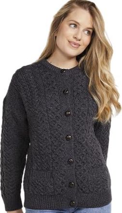 Aran Woollen Mills Cardigan Irlandais Aran pour Femme 100% Laine Mérinos Fabriqué en Irlande (Charbon, XXL)