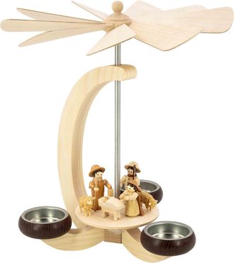 Seiffener Volkskunst | Erzgebirgische Weihnachtspyramide im eleganten Bogendesign in Naturtönen | 23 cm | Handgefertigte Pyramide Erzgebirgspyramide | Christi Geburt klein