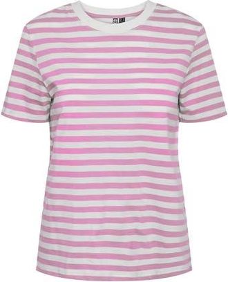 Pieces Pcria SS Tee Stripes Noos BC T-Shirt pour Femme, Lavande Pastel/Rayures : Blanc Brillant, M