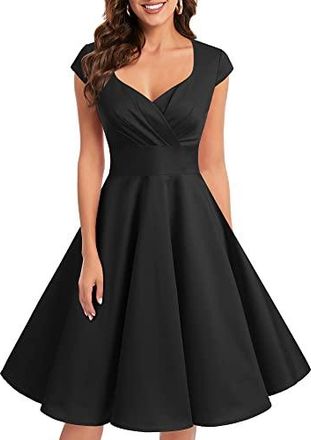 Bbonlinedress Robe Halloween Déguisement Femme de Soirée Cocktail Vintage Chic Courte pour Mariage Invité Fête Témoin Anniversaire Col Carré Black S