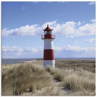 Artland ARTland Wanddeko Glasbilder Wandbild Glas Bild einteilig Quadratisch Strand Meer Nordsee Leuchtturm Sylt Dünen Gräser Wolken Sommer Urlaub T9ML