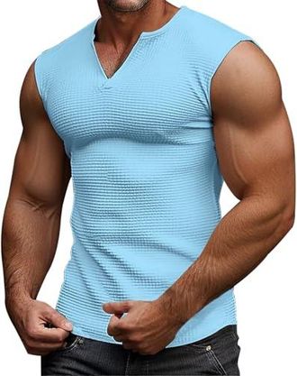 Generic T-shirt sans manches à col en V pour homme - Gilet de sport gaufré sans manches - T-shirt dentraînement musculaire - Uni - Respirant - Coupe ajustée -