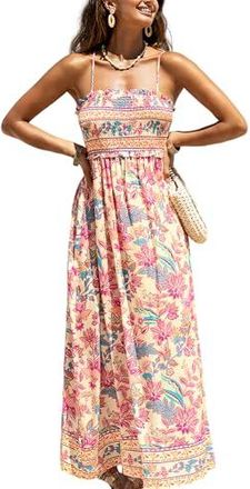 Cupshe Robe longue dété à smocks pour femme - Sans manches, avec bretelles spaghetti et volants - Longue robe de plage formelle, Taille XL