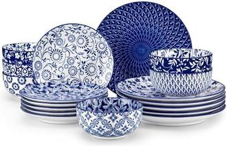 VANCASSO SELENE Service de Table 18 Pièces pour 6 Personne, Set Vaisselle en Porcelaine Bleu et Blanc - 6 Assiette Plates, 6 Assiette à Dessert et 6 Bols - Sty