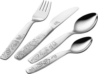 Zwilling Jungle Kinderbesteck-Set, 4-teilig, mit eingeprägten Dschungel Motiven, Für Kinder ab 3 Jahren, 18/10 Edelstahl, Silber