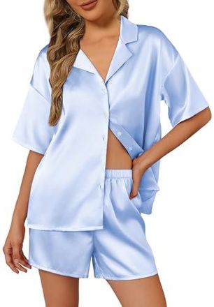 Ekouaer Pyjama Femme Manches Courtes Satin Pyjama Set Ensembles de Pyjama Femme Vêtements de Nuit Bleu Clair XXL