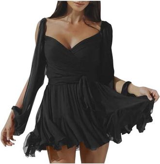 Generic 2026 Robes amincissantes pour femmes temp&eacute;rament d&eacute;contract&eacute; en maille &agrave; manches longues nou&eacute; dos nu mini robe, Noir, XXL