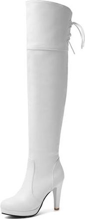 SJJH Bottes au-dessus du genou &agrave; larri&egrave;re r&eacute;glable | Bottes pour femme pour les jours froids et les occasions, talon de 10 cm, semelle plate, Blanc., 36 EU