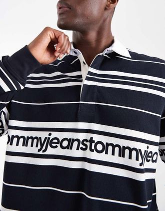 Tommy Jeans Relaxed-Fit-Rugby-Hemd in Marineblau gestreift mit Markentext-Navy