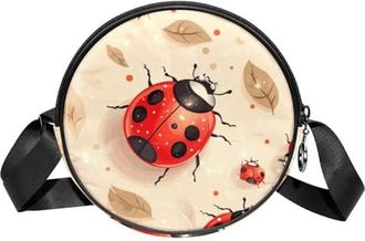 Generic Petit sac &agrave; bandouli&egrave;re rond pour femme, motif feuille de coccinelle, sac &agrave; dos avec fermeture &eacute;clair, bretelles r&eacute;glables, sac &agrave; main rond d&eacute;contract