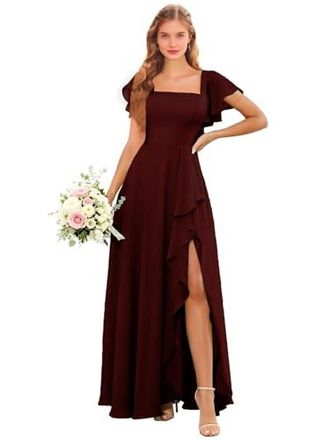 Generic Robe de demoiselle dhonneur à manches courtes en mousseline de soie avec fente et col carré, robe dinvitée de mariage, robe formelle pour mariage, bor