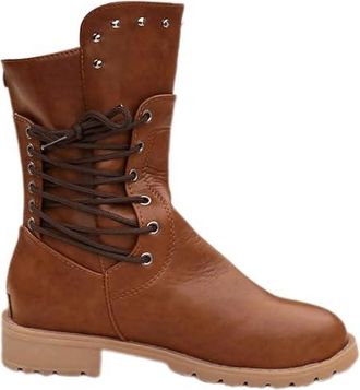 Generic Bottes en cuir pour femme avec talon - Bottines mi-hautes &agrave; lacets en cuir synth&eacute;tique - Bottes d&eacute;quitation &agrave; talon bas - Bottes gothiques western ant