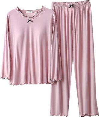 Generic Vêtements de nuit 2 pièces avec soutien-gorge intégré - Chemises de nuit pour femme en coton assorti à col rond extensible en bois avec bords doreille
