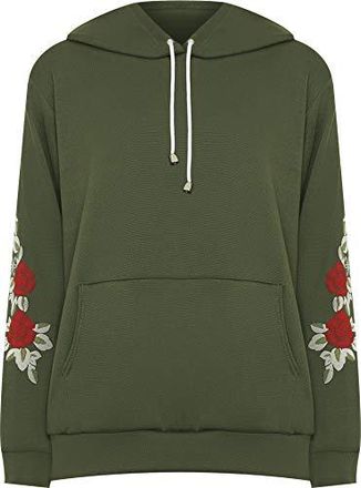 WearAll Femmes Plus Floral Brod&eacute; Poche Poche Longue Manche Sweat-Shirt Dames Capuche - Kaki - 54-56