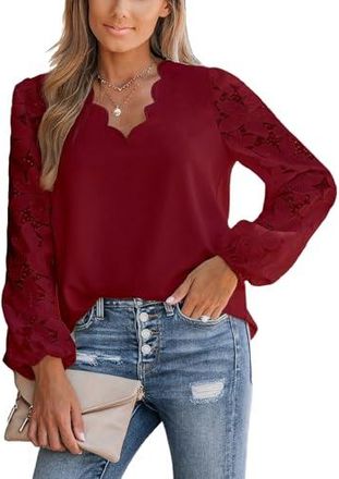 Cupshe Chemisier femme en dentelle florale festonnée à manches longues col en V Chemise élégante, Rouge, M